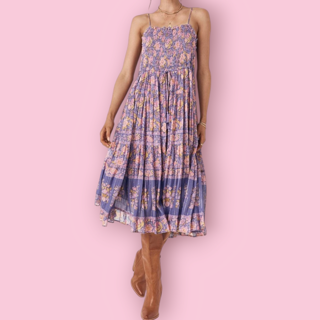 SPELL - JUNIPER SHIRRED STRAPPY DRESS IN VIOLET Est. Retail Price $289 ...